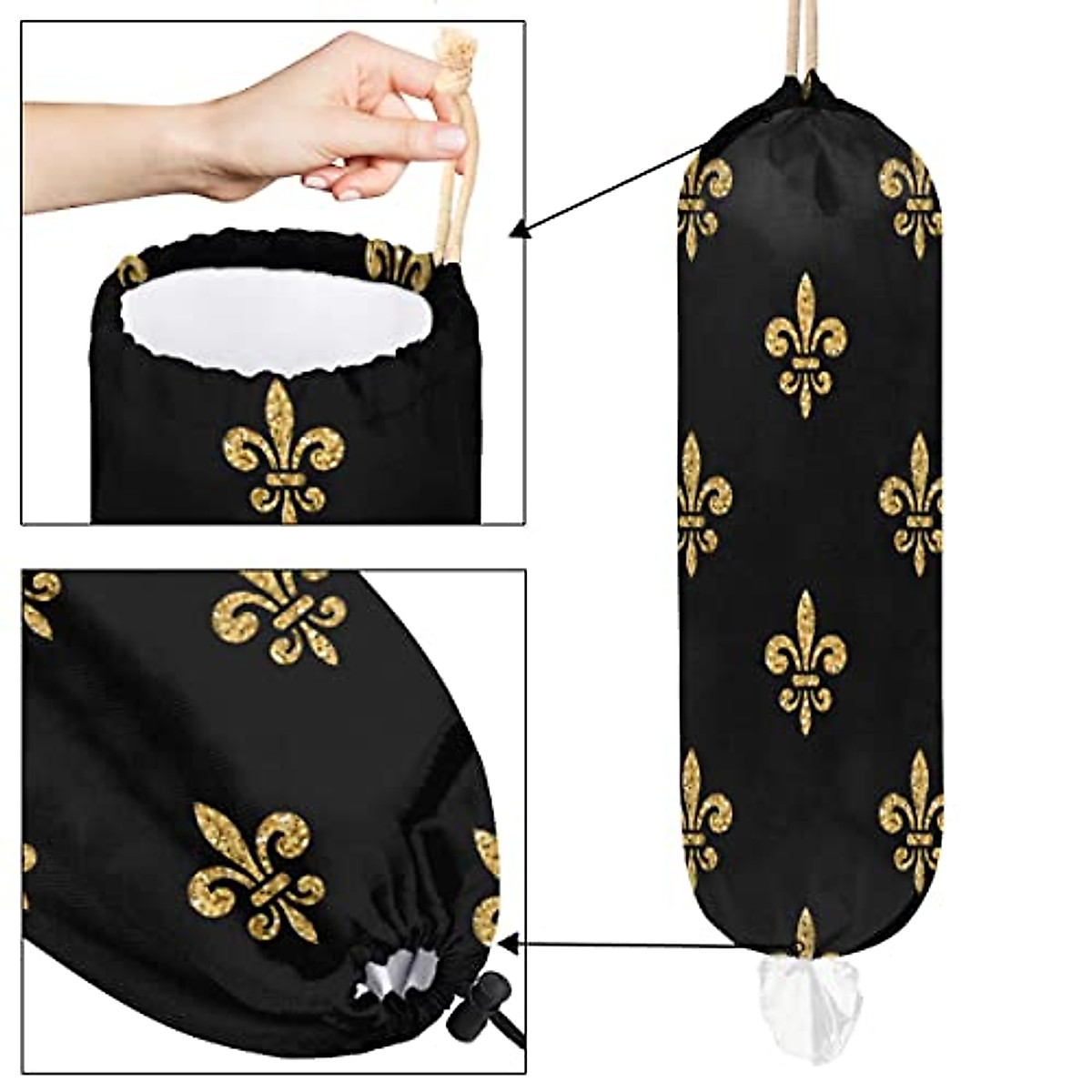 Plastic Bag Holder Golden Fleur De Lis Pattern Wall Mount Grocery Bag Holder Washable Plastic Bag Dispenser Garbage Bag Organizer for Home Kitchen Decor, Gifts for Women Mom Family Friends