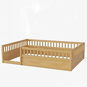 DNYN Full Size Floor Bed for Kids Bedroom,Solid Wood Bedframe w/Fence & Easy Assemble & Space Saving Design & No Box Spring Needed, Natural