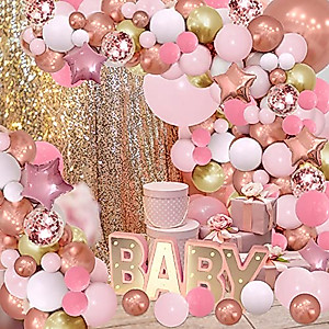 JULLIZ 144Pcs Rose Gold Pink Balloon Garland Arch Kit, Metallic Rose Chrome Gold Balloons for Birthday Wedding Party Bridal Shower Anniversary Decorations with Shiny Star Mylar Balloons