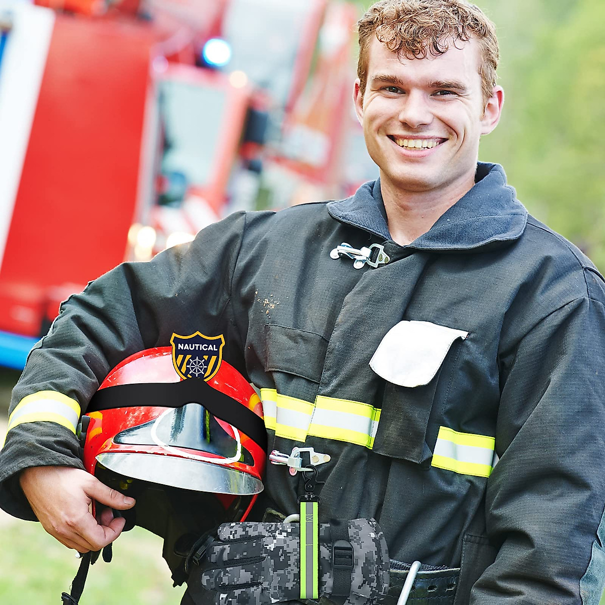 Amylove 4 Pieces Firefighter Glove Strap Firefighter Fire Helmet Band Glove Safety Strap with Green Reflective Trim Rubber Helmet Strap Firefighter Tools Fire Gear Accessories