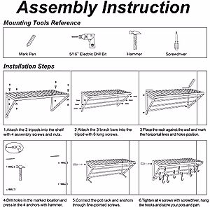 Clastyle 3 Tier Hanging Pot Rack for Kitchen Wall Mounted Pot and Pan Holder with 10 Hooks Stainless Steel Kitchenware Pot Saucepan Hanger, Matte Black