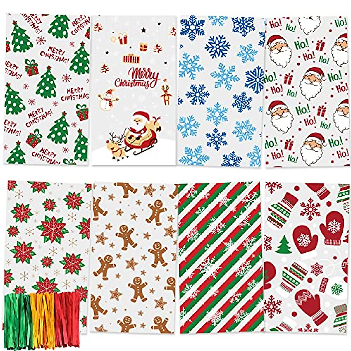 SUPERLELE Christmas Cellophane Bags 168pcs Christmas Treat Bags with 180pcs Twist Ties 8 Assorted Styles Christmas Candy Bags Sled and Woollen Gloves Pattern Snack Bags for Christmas Party Supplies