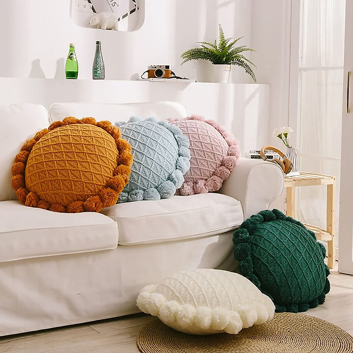 Teieas Bohemian Round Throw Pillows Chair Pad Seat Floor Pillow Cushions Handmade Pompoms Knitted Floor Mat Garden Dining Room Home Decor Outdoor Blush