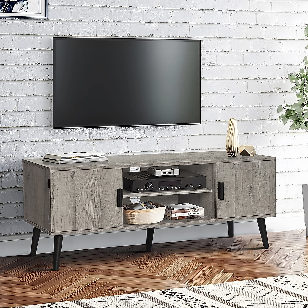 Iwell TV Stand for 55 inch TV, Entertainment Center with Storage and Open Shelf, TV Console, TV Stands for Living Room, Bedroom, Grey