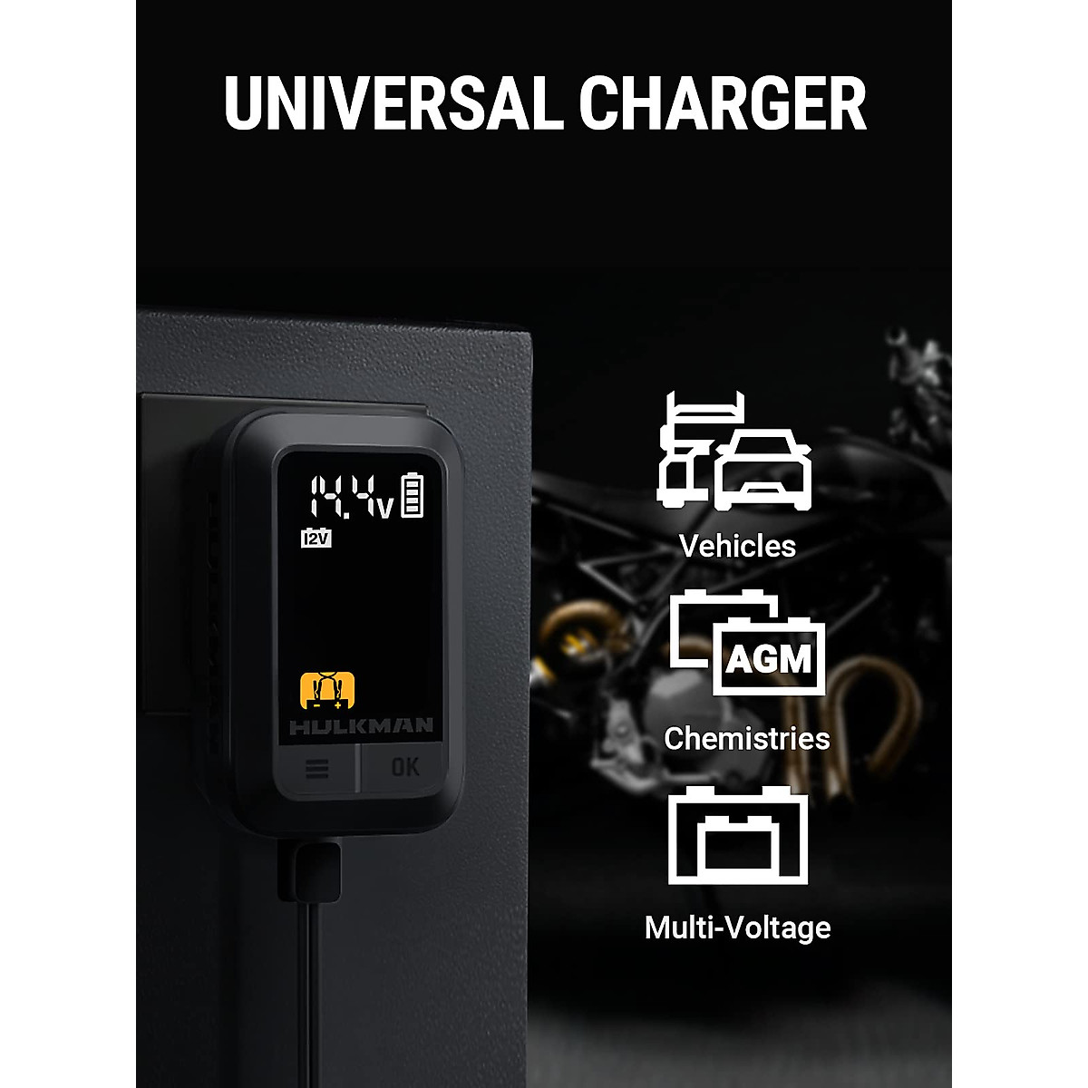 HULKMAN Sigma 1 Car Battery Charger, 1A 6V/12V Automatic Smart Trickle Charger, Battery Maintainer, and Desulfator with Intelligent Interface