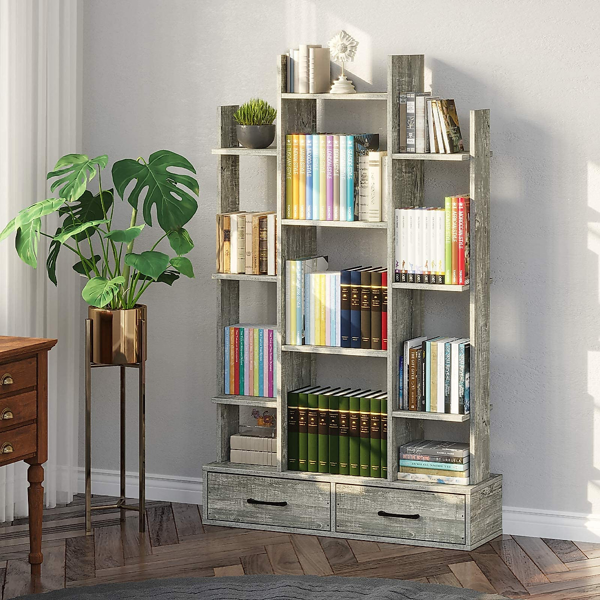 Rolanstar Bookshelf with 2 Wooden Drawers, Rustic Wood Bookshelves, Free Standing Book Shelf Industrial Shelf Free Standing Storage Shelf for Bedroom, Living Room, Home Office, Light Grey