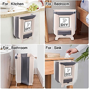 XIJING Small Hanging Kitchen Trash Can, Portable Mini Garbage Can and Collapsible Compact Trash Bin for Kitchen Cabinet Door Drawers, Room, Car, Bedroom Plastic Waste Bin - 9L/2.4 Gallon (Coffee)