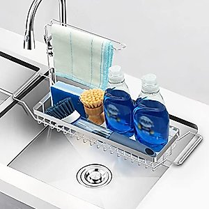 Kitchen Sink Organizer, Telescopic Sink Storage Rack, SUS304 Stainless Sponge Holder for Kitchen Sink, Rust Proof Water Proof, Larger Sink Brush Holder, No Drilling