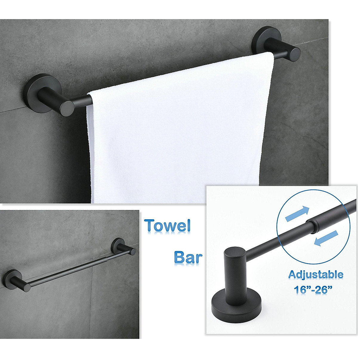 SHUNLI 5-Piece Bathroom Hardware Accessories Set Matte Black (Towel Bar Adjustable 16” to 26”, Toilet Paper Holder, Towel Ring, 2 PCS Towel Hook) Wall Mounted, SUS304 Stainless Steel
