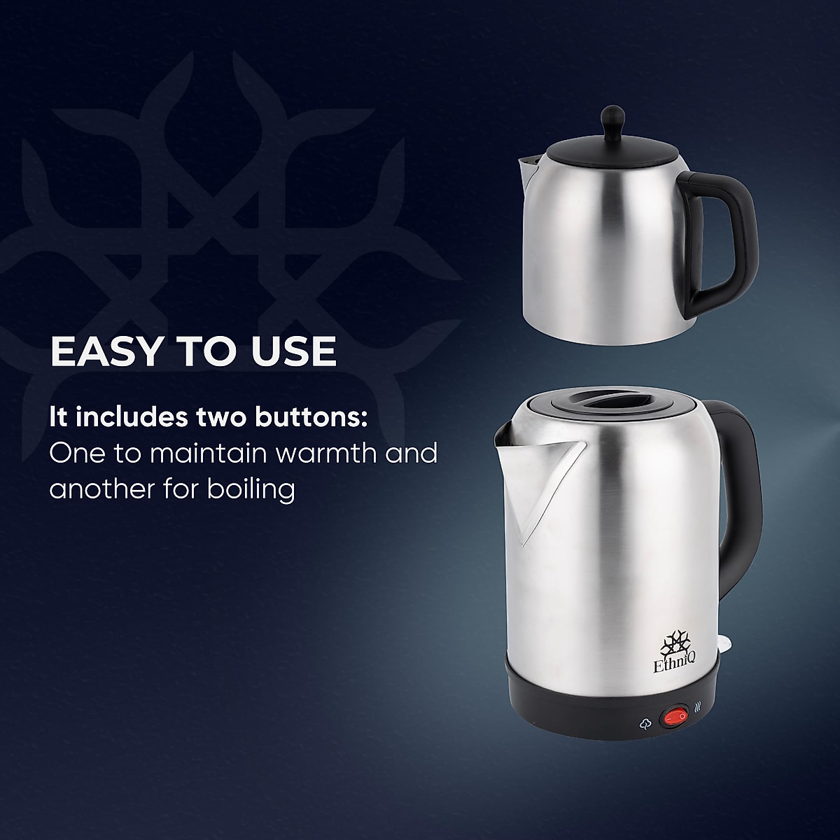 Ethniq TeaVibe Electric Turkish Tea Maker - Stainless Steel 120V Double Pot Kettle & Infuser, Boil-Dry Protection, Auto Shut-Off & Keep Warm Function, 1.7L Kettle + 1L Teapot Capacity