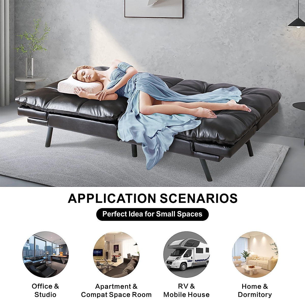 MUUEGM Futon Sofa Bed Memory Foam Convertible Couch Sleeper,Modern Faux Leather Love Seat for Living Room Small Space Apartment Office,Adjustable Backrest Armrest,71" Sofabed, Black-New