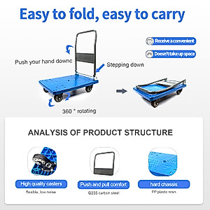 Platform Truck with 880lb Weight Capacity and 360 Degree Swivel Wheels, Dolly Cart Heavy Duty, Foldable Push Hand Cart with Large Size 35.8x24x34in for Loading and Storage (Blue, S)