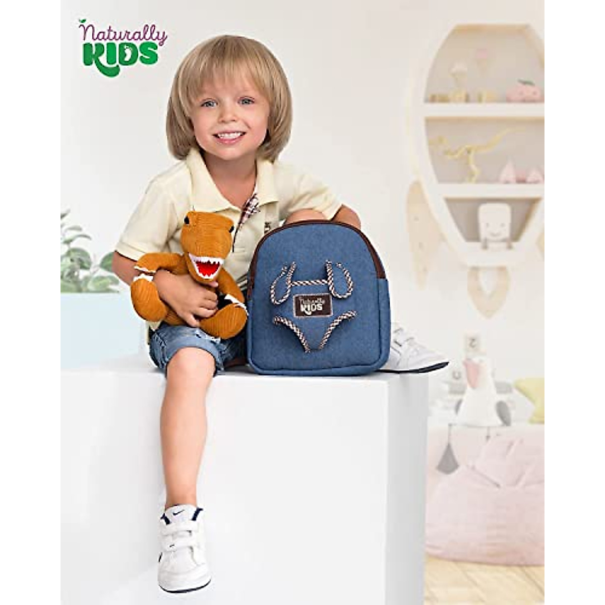 Naturally KIDS Mini Dinosaur Backpack - Dinosaur Toys for Kids Age 2 - Very Small Toddler Backpack for Boys Girls w Stuffed Animals - Little Backpack w Brown Corduroy T Rex