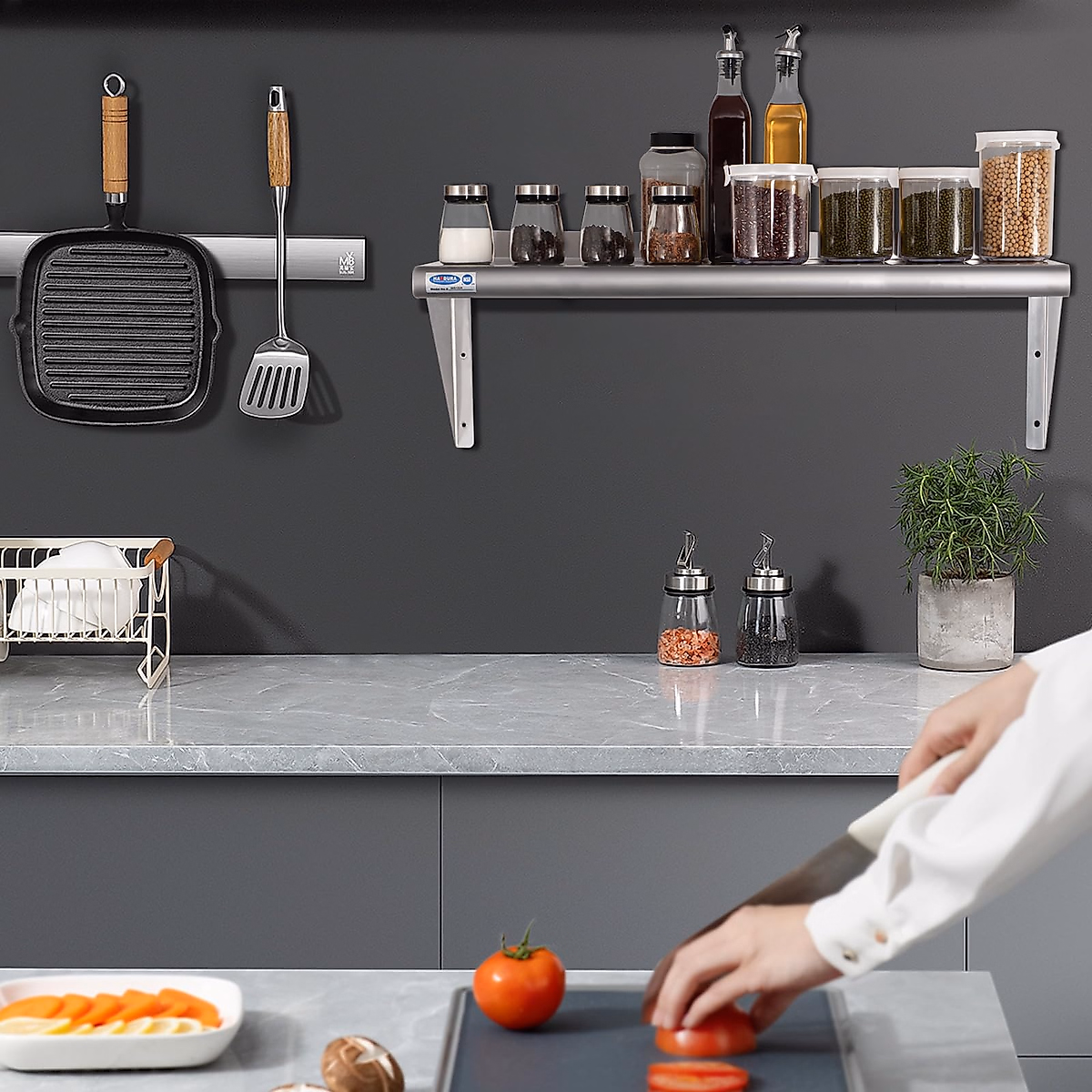 HARDURA Stainless Steel Shelf 12" x 48", 250lb Commercial Shelves Wall Mount Metal Shelving with Backsplash and Brackets for Kitchen, Restaurant, Laundry Room and Home