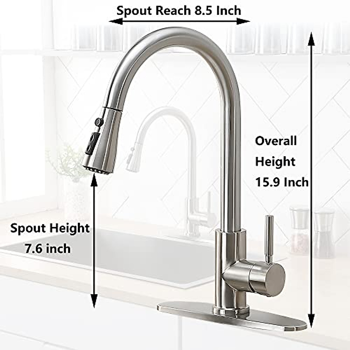 IKEBANA Kitchen Faucet with Pull Down Sprayer,Brushed Nickel Kitchen Faucet,High Arc Single Handle Single Hole Stainless Steel Pull Out Kitchen Sink Faucet with Deck Plate Faucet for Kitchen Sink