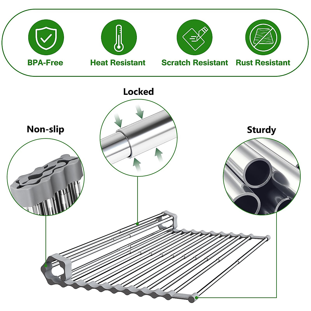 Sindax Roll Up Dish Drying Rack, 23‘’x13'' Stretchable Stainless Steel Over The Sink Dish Rack Multifunctional Foldable Over Sink Rack with Utensil Holder for Kitchen