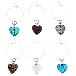 GlassOfVenice Murano Glass Heart Wine Glass Charms Set of 6