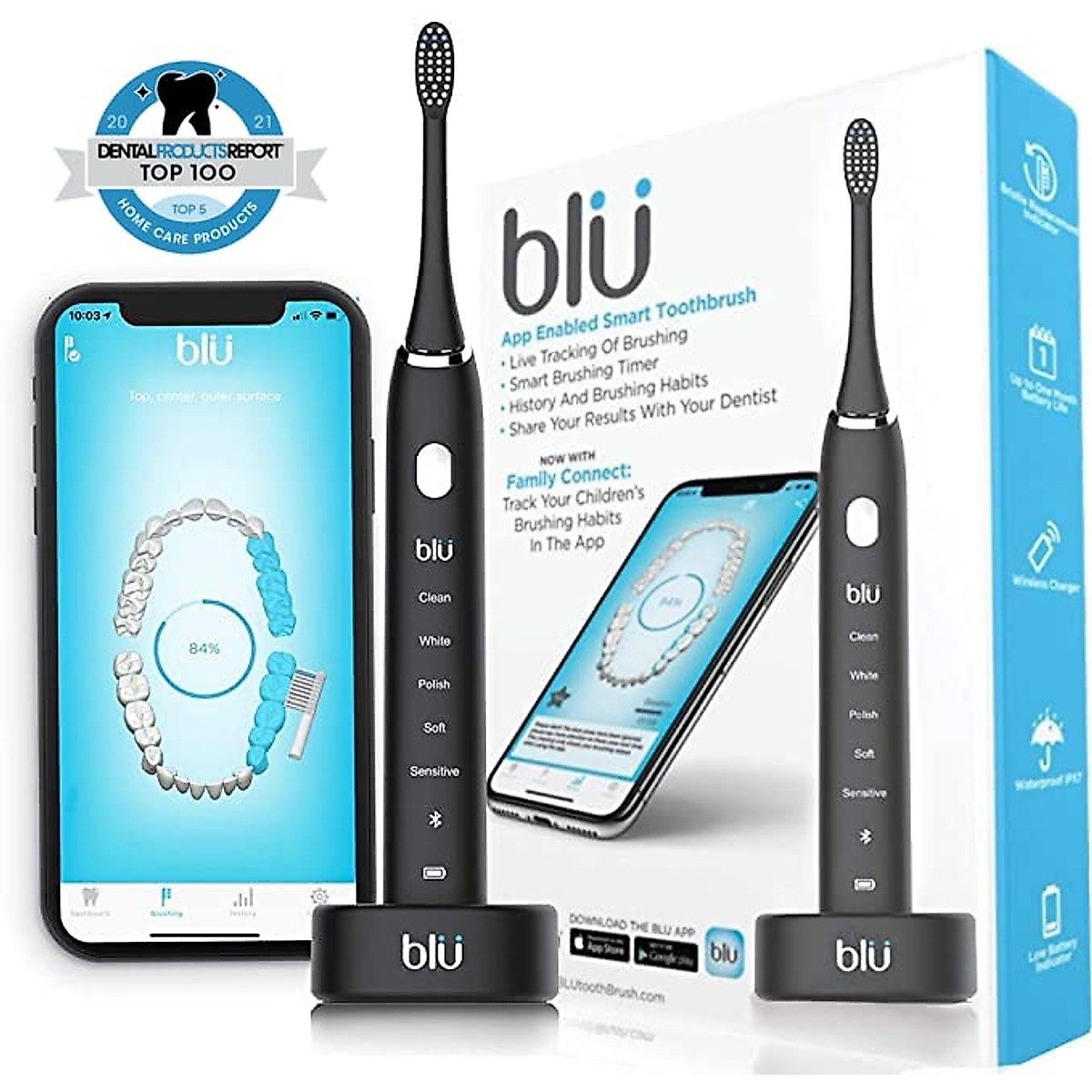 Blu Smart Electric Toothbrush, Sonic Power Toothbrush with Interactive Live Tracking App for Adults (Black)