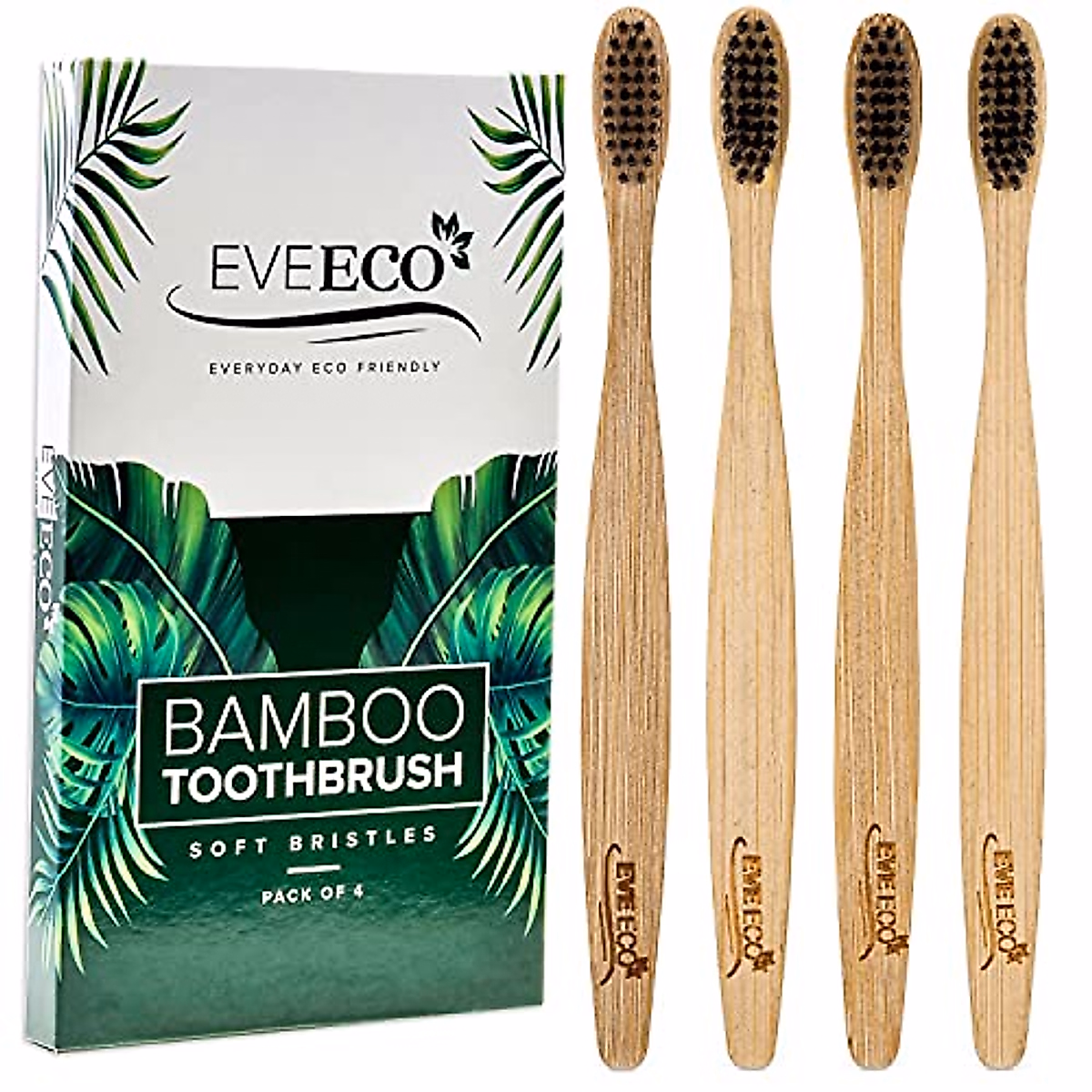 EveEco 4 Count I Bamboo Toothbrush I Soft Bristles Best for Sensitive Gums I Charcoal I Vegan I Natural Wood I BPA Fee I Recyclable I Compostable I Biodegradable | Environmentally Friendly