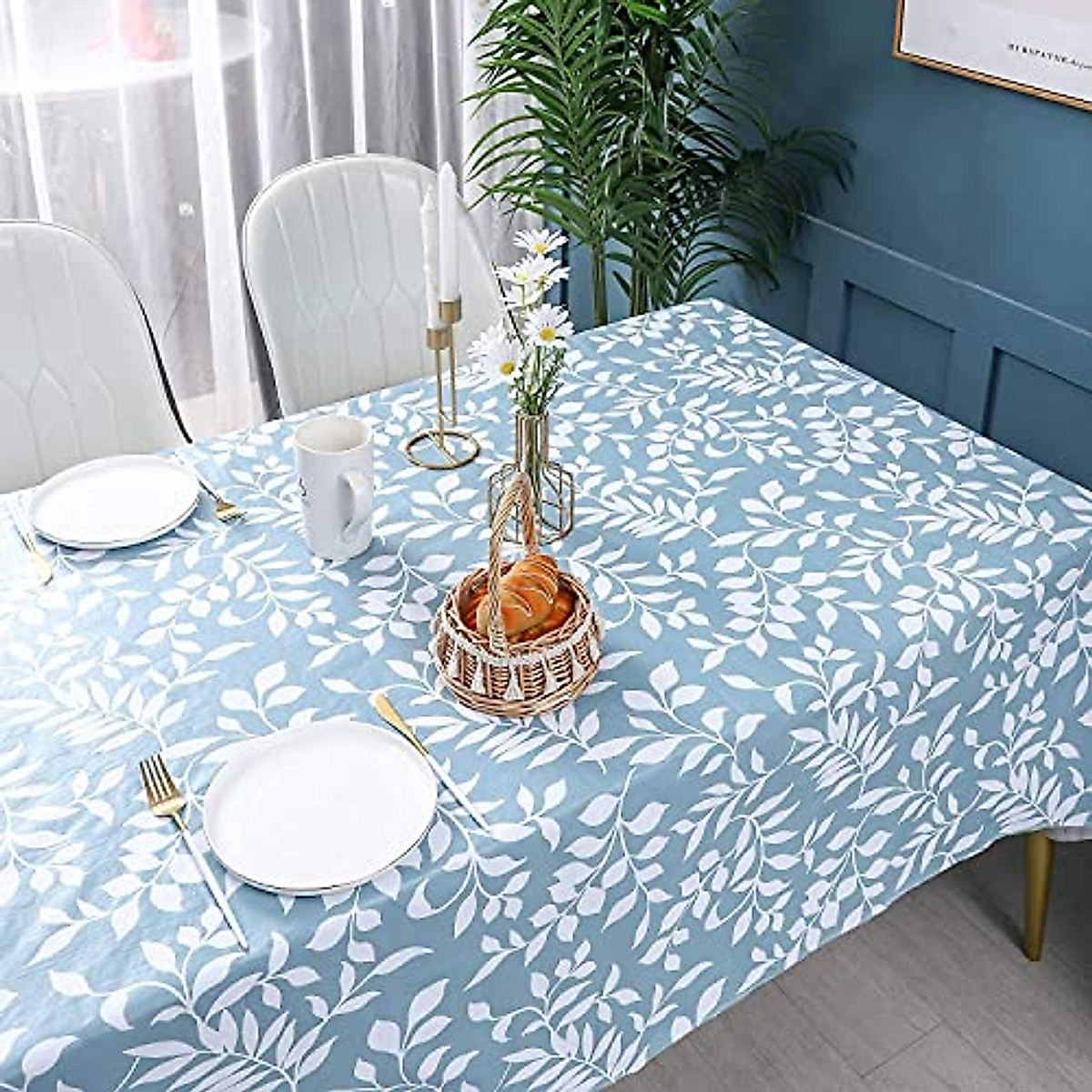Vinyl Tablecloth with Flannel Backed Waterproof Oil-Proof PVC Table Cloth Wipeable Spill-Proof Plastic Table Cover for Indoor and Outdoor(Blue Leaves, 60 x 60 Inch Square)
