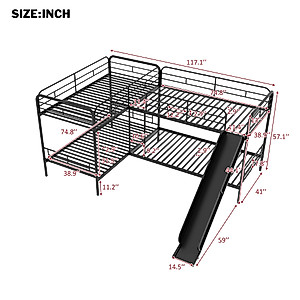 Rhomtree Twin Size L-Shaped Metal Corner Bunk Bed with Ladder and Slide, Space Saving & Easy Assembly, 4 Beds in 1 (Black)