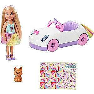 Barbie Chelsea Doll & Unicorn Toy Car, Blonde Small Doll in Removable Skirt, Pet Puppy, Sticker Sheet & Accessories