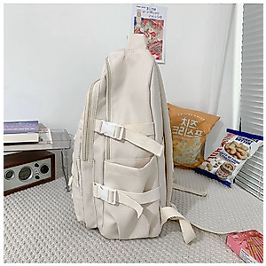 Large Simple Kawaii Backpack with Pendant for Girl Teen College Student High School Laptop Book Bag Travel Waterproof (Beige)