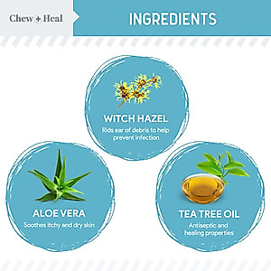 Chew + Heal Dog Ear Cleaner Solution - 4 oz Dropper - Pet Ear Wash Drops for Preventing Infection and Removing Debris - Soothing Aloe, Witch Hazel, and Tea Tree Oil
