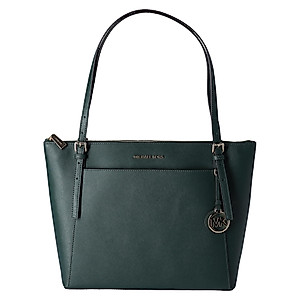 Michael Kors Voyager Large East West Tote Front Snap Pocket Top Zip Shoulder Bag Leather (Racing Green)