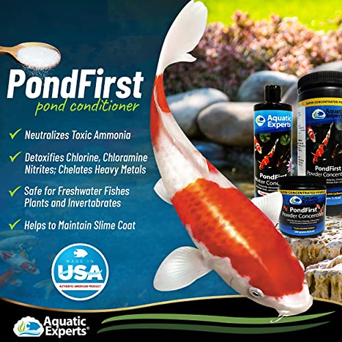 Aquatic Experts PondFirst Pond Water Conditioner - Concentrated Instant Dechlorinator for Fish Ponds, Makes Water Safe for Koi and Goldfish, Made in The USA (500 ml)