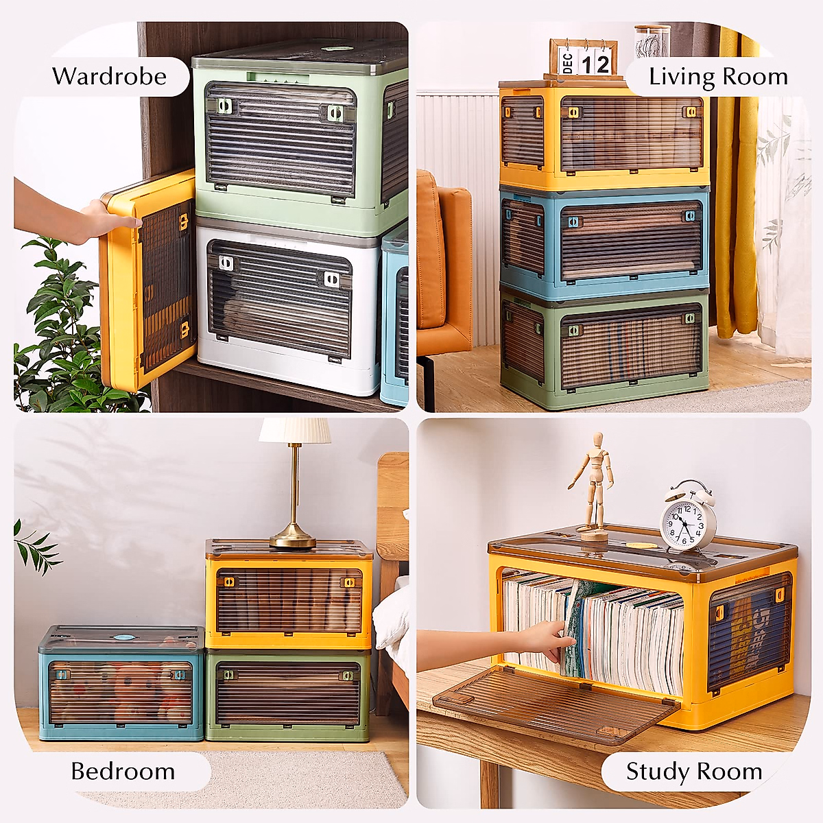 Plastic Storage Bins Stackable Storage Containers 55L with Lids and Wheels, Storage Totes with Side Opening Doors Collapsible Storage Bins, Foldable Storage Box for Home School Storage(Yellow, 1PACK)