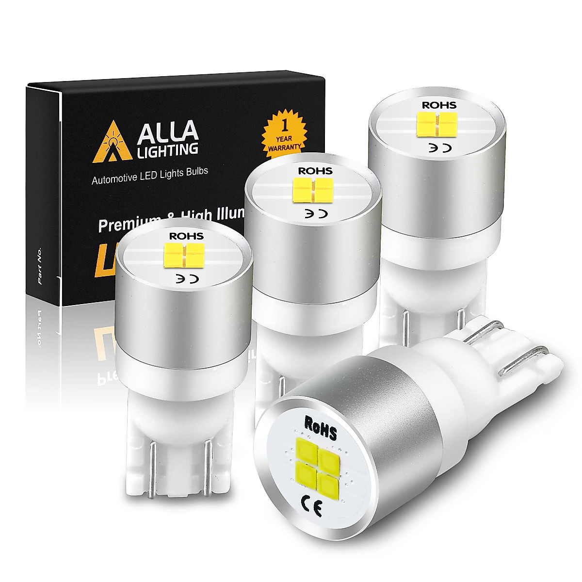 Alla Lighting Newest 4x T10 194 168 LED Bulbs W5W 2825 175 158 CAN-Bus, 6000K White License, Parking, Map, Dome, Door, Trunk Lights, Super Bright 12V SMD Replacement for Cars, Trucks, RVs