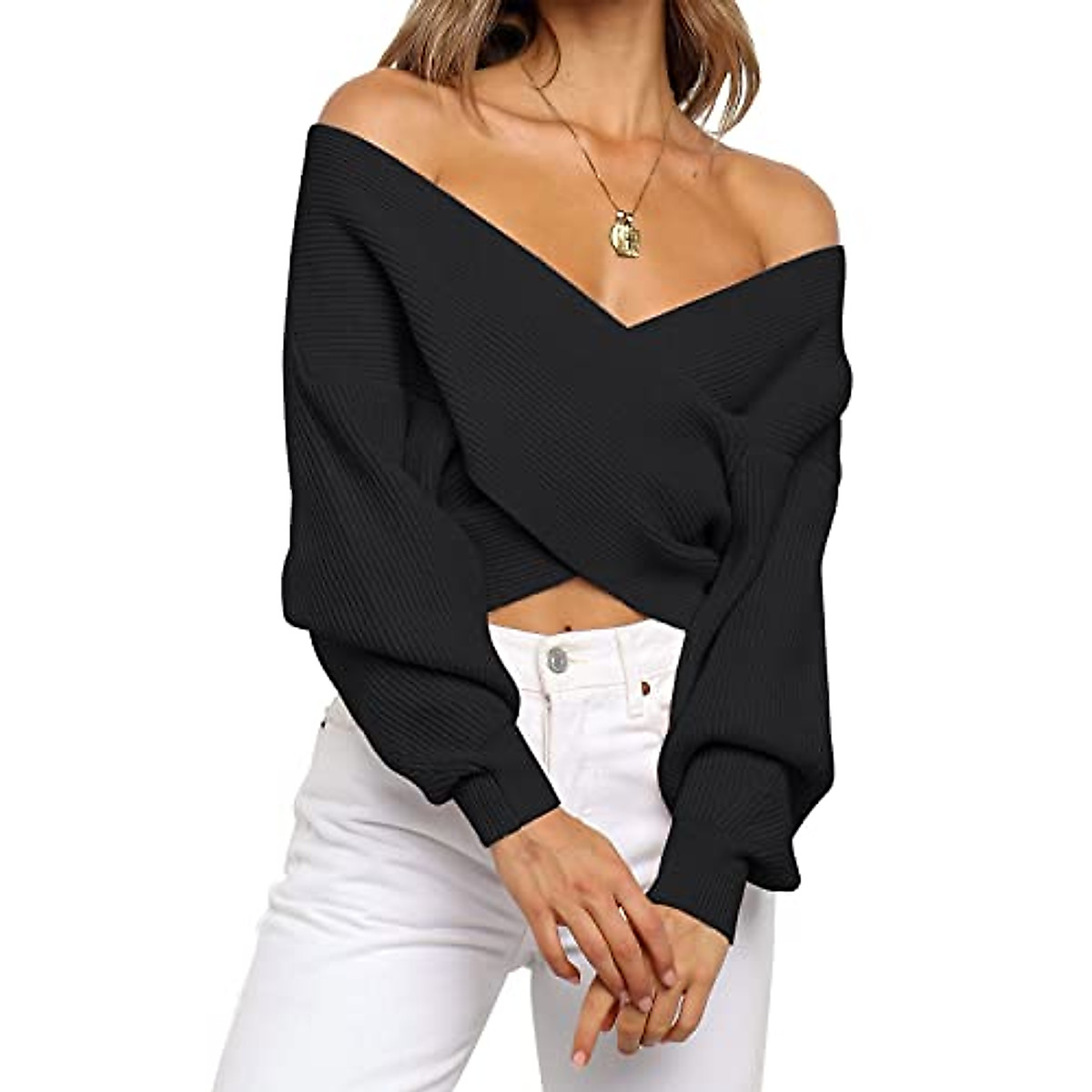 ZCSIA Women's Wrap V Neck Cropped Sweaters 2023 Fall Long Sleeve Cross Front Off Shoulder Solid Knitted Pullover Tops,Black,XLarge