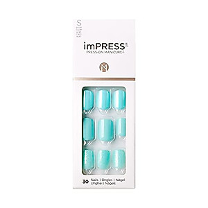 KISS imPRESS Press-On Manicure, Nail Kit, PureFit Technology, Short Press-On Nails, Rain Check', Includes Prep Pad, Mini Nail File, Cuticle Stick, and 30 Fake Nails