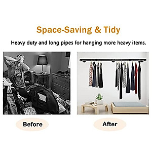 roundki Clothing Rack Wall Mounted, 70in Industrial Pipe Clothes Racks for Hanging Clothes, Heavy Duty Pipe Hanging Rod Garment Rack Bar for Closet Laundry, Max Load 145LbS Metal Black (2)