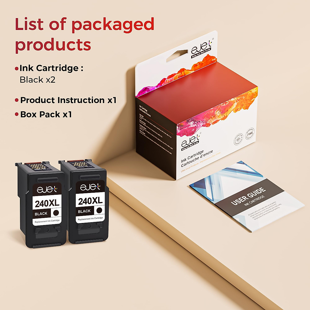 ejet Remanufactured 240XL Black Ink Cartridge Replacement for Canon PG-240XL Black Ink Cartridge for Pixma MG3620 MG2120 MG3520 TS5120 MX452 MX512 MX532 MX472 MG3120 MG4120 MX432 Printer (2 Black)