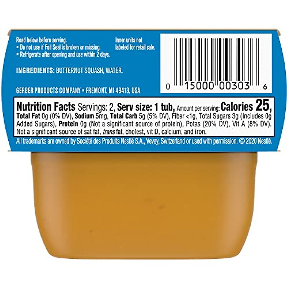 Gerber Natural for Baby 1st Foods Baby Food Tubs, Butternut Squash, Non-GMO Pureed Baby Food, Made with Natural Vegetables, 2 - 2 OZ Tubs/Pack (Pack of 4)
