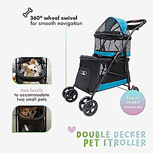 PETIQUE Double Decker Pet Stroller, Two-Level Cat and Dog Stroller, Lightweight Yet Sturdy Cat and Dog Carriage, Washable, Travel-Friendly and Easy to Fold, Sleek Black Design