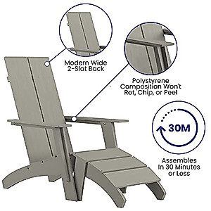 BizChair Set of 2 Modern All-Weather Poly Resin Wood Adirondack Chairs with Foot Rests in Gray