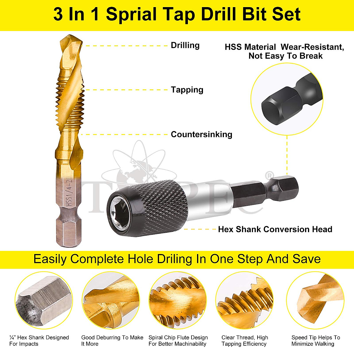 TOPEC Tap Bit Set, 3-in-1 HSS Titanium Coated Drill Tap Combination, 13 PCS SAE/Metric Threading tap Drill bit Set with 1/4 Inch Hex Shank, and Quick-Change Adapter