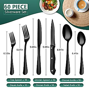 Qupoilke 60-Piece Black Silverware Set with Steak Knives Service for 10，Food Grade Stainless Steel Flatware Utensils Cutlery Set for Home Kitchen and Restaurant