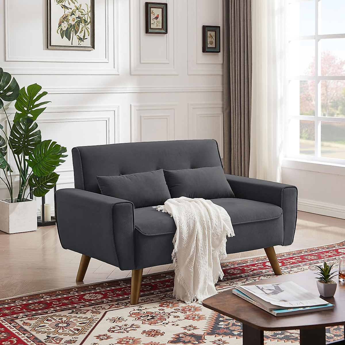 Tornama 48" Small Loveseat Sofa, Mid Century Modern Love Seat Couch, 2 Seat Tufted Couches with Throw Pillows for Living Room, Apartment, Bedroom and Small Spaces, Dark Grey