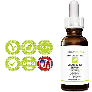 Vitamin C Serum Plus 5% Hyaluronic Acid, 2.5% Retinol, 2% Salicylic Acid, 3.5% Niacinamide, 10% MSM, 20% Vitamin C - Anti Aging Anti Wrinkle Skin Clearing Serum Organic Skin Care for Face and Eyes 1oz