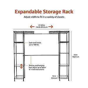 Amazon Basics Expandable Metal Hanging Storage Organizer Rack Wardrobe with Shelves, 14"-63" x 58"-72", Black