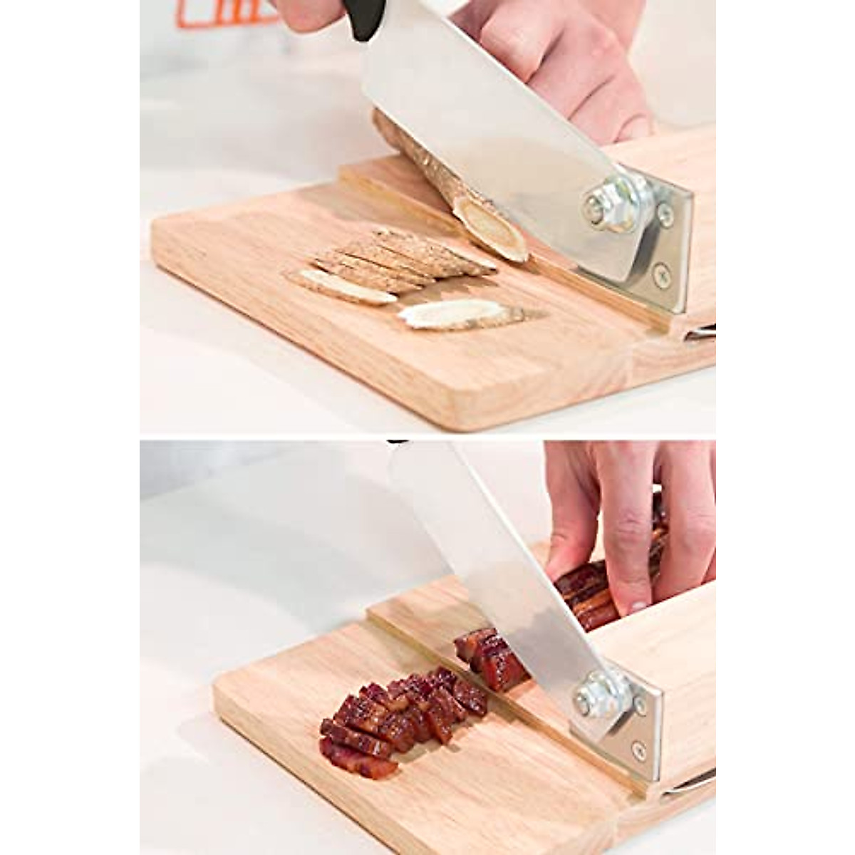 Moongiantgo Biltong Slicer Beef Jerky Cutter with Built-in Knife Sharpener Manual Meat Slicer Rubber Wood Base for Deli Bacon Ham Sausage Fruits Vegetables Herb Ginseng Pastry