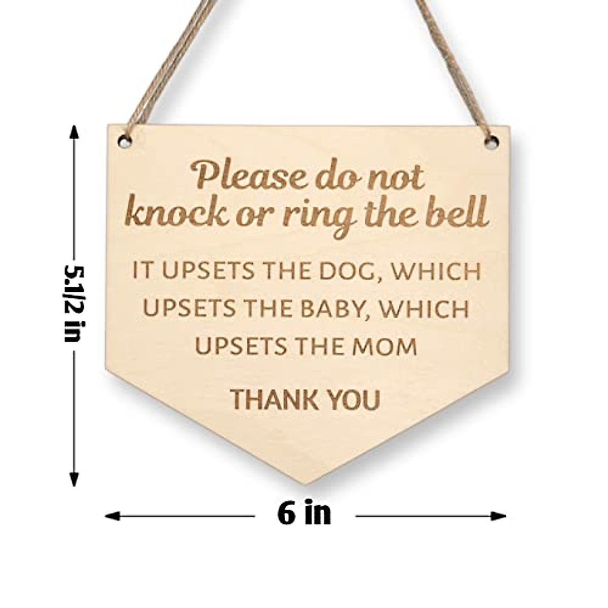 Baby sleeping sign for front door - Please do not knock or ring the bell, it upsets the dog, which upsets the baby, which upsets mom - Do not ring doorbell sign Size 6 x 5.5 (inches), Brown