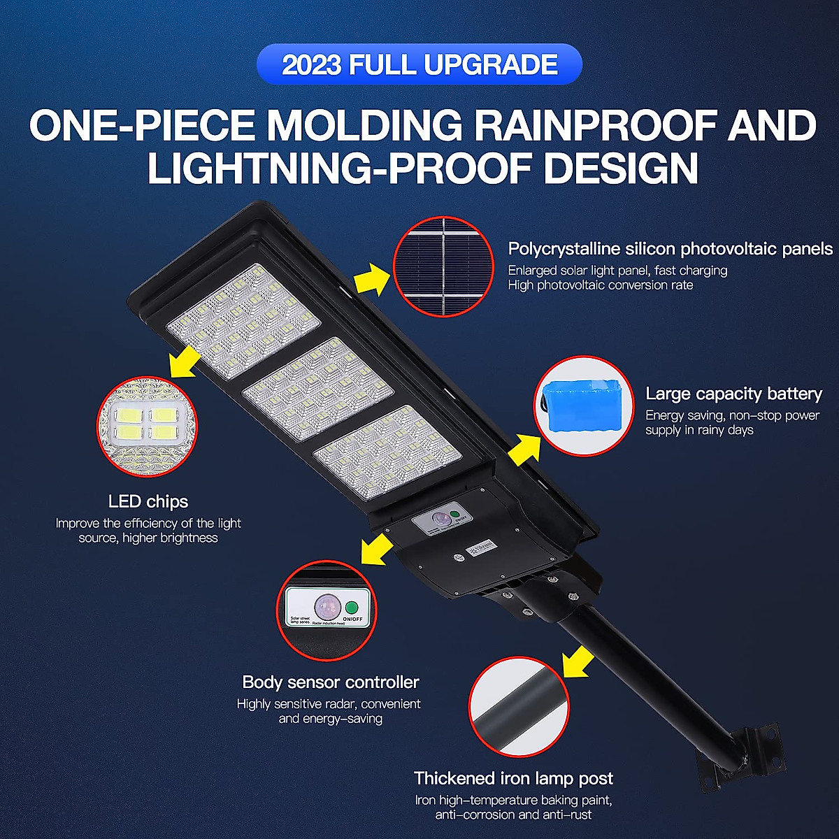 Vikrami 600W Solar Street Lights Outdoor Waterproof 60000LM, Dusk to Dawn, with Motion Sensor and Remote Control, Suitable for courtyards, Gardens, Streets, Garage, etc. Wall or Pole Mount