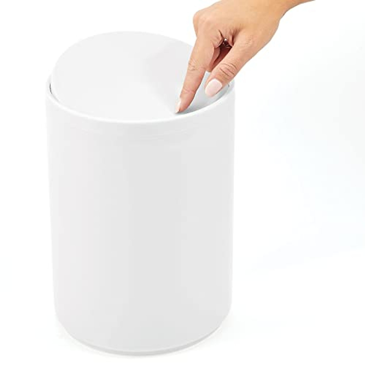 mDesign Plastic Small Slim Round 1.7 Gallon/6.5 Liter Trash Can with Removable Swing Lid - Wastebasket, Garbage Container Basket Bin for Master/Guest Bathroom - Holds Rubbish/Recycle - White