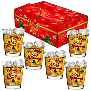 Bisyata christmas Shot Glass Gift Set -Happy Holidays- Glasses Drinkware or Votive Candle Holder for Thanksgiving or christmas Table Decoration - 2oz Set of 6 - With Gift Box