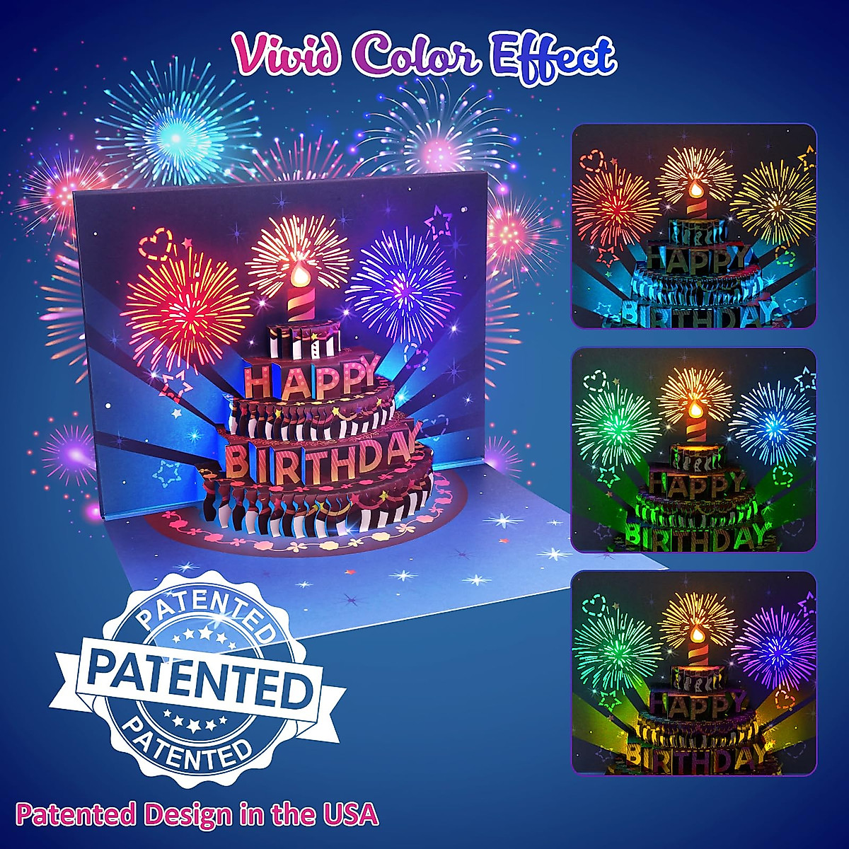 INPHER Birthday Cards Fireworks Pop Up Cake Light and Music Happy Birthday Card Gift for Women, Men, Mom, Grandma